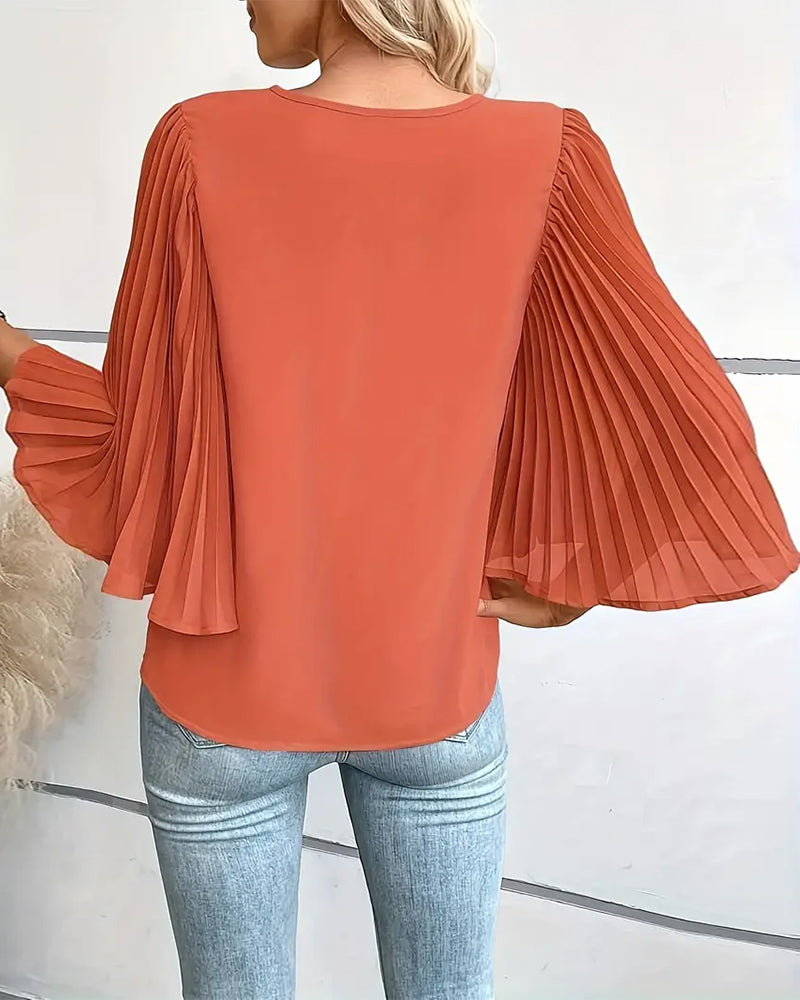 Fashionable Solid Color V Neck Butterfly Sleeves Blouse Iktops