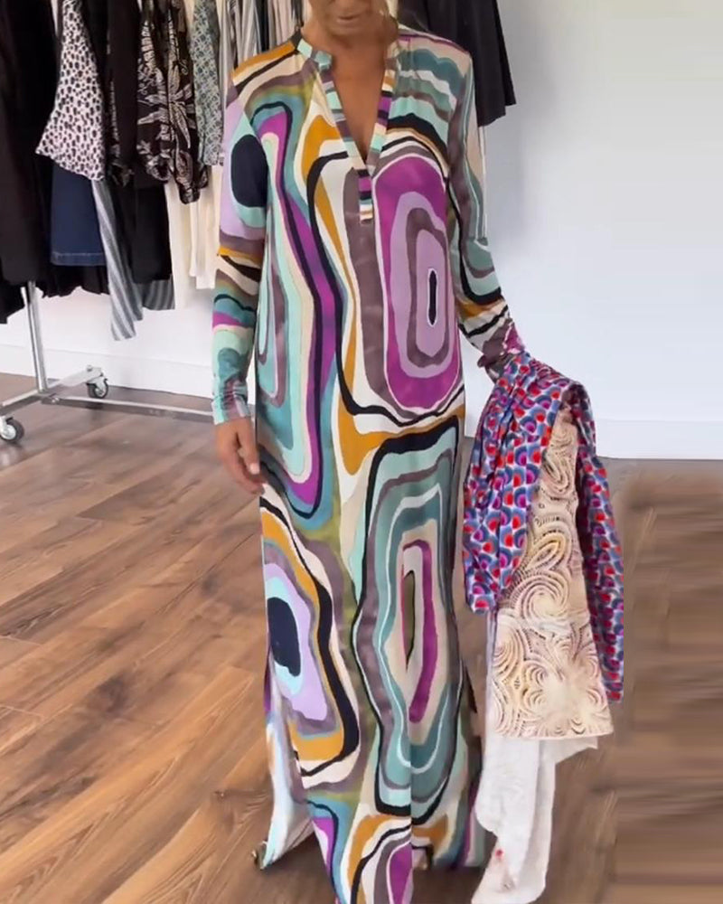 Deep V Printed Long Hem Dress Iktops