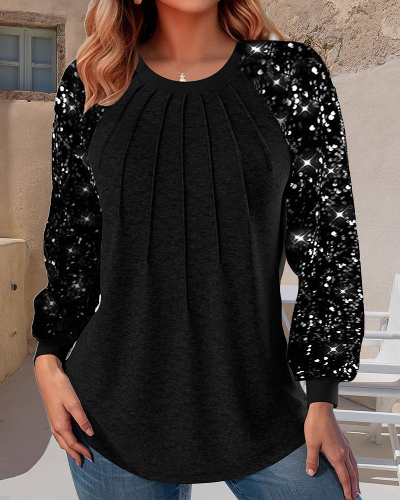 Lantern sleeve pleated sequined long sleeve top – Iktops