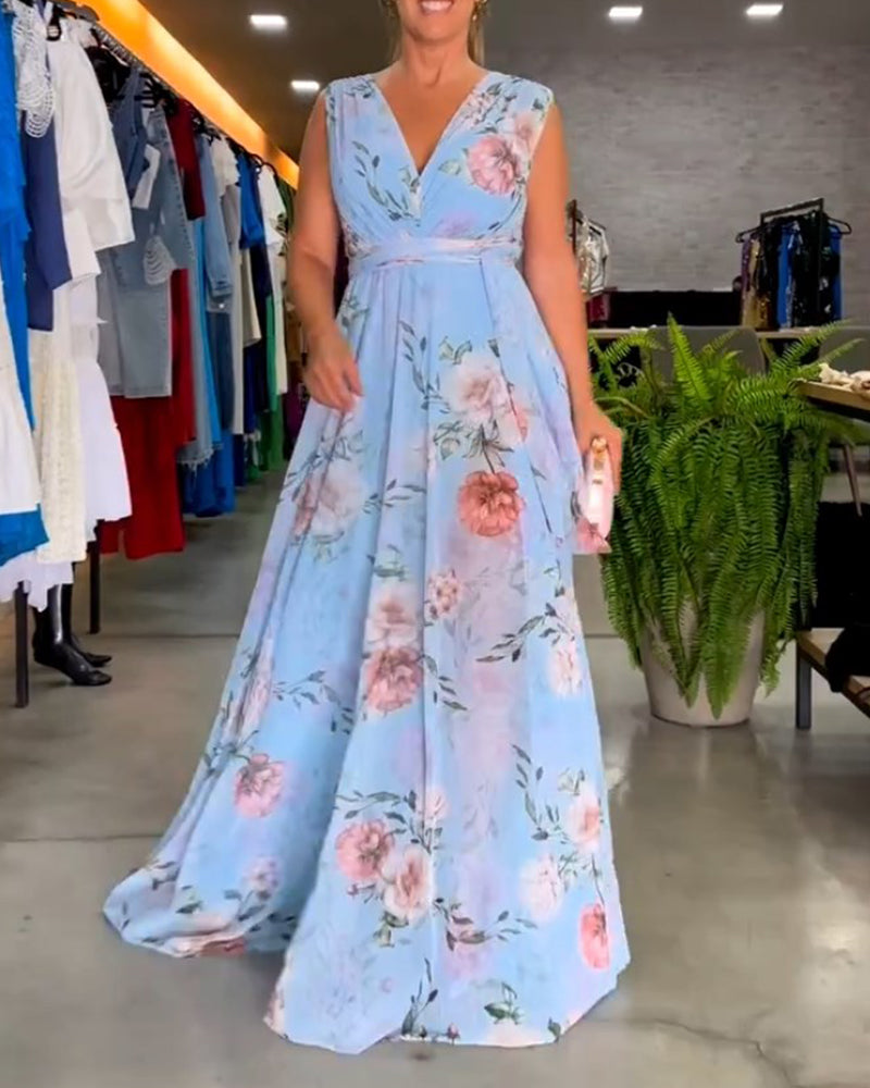 Floral Print V Neck Elegant Sleeveless Dress Iktops