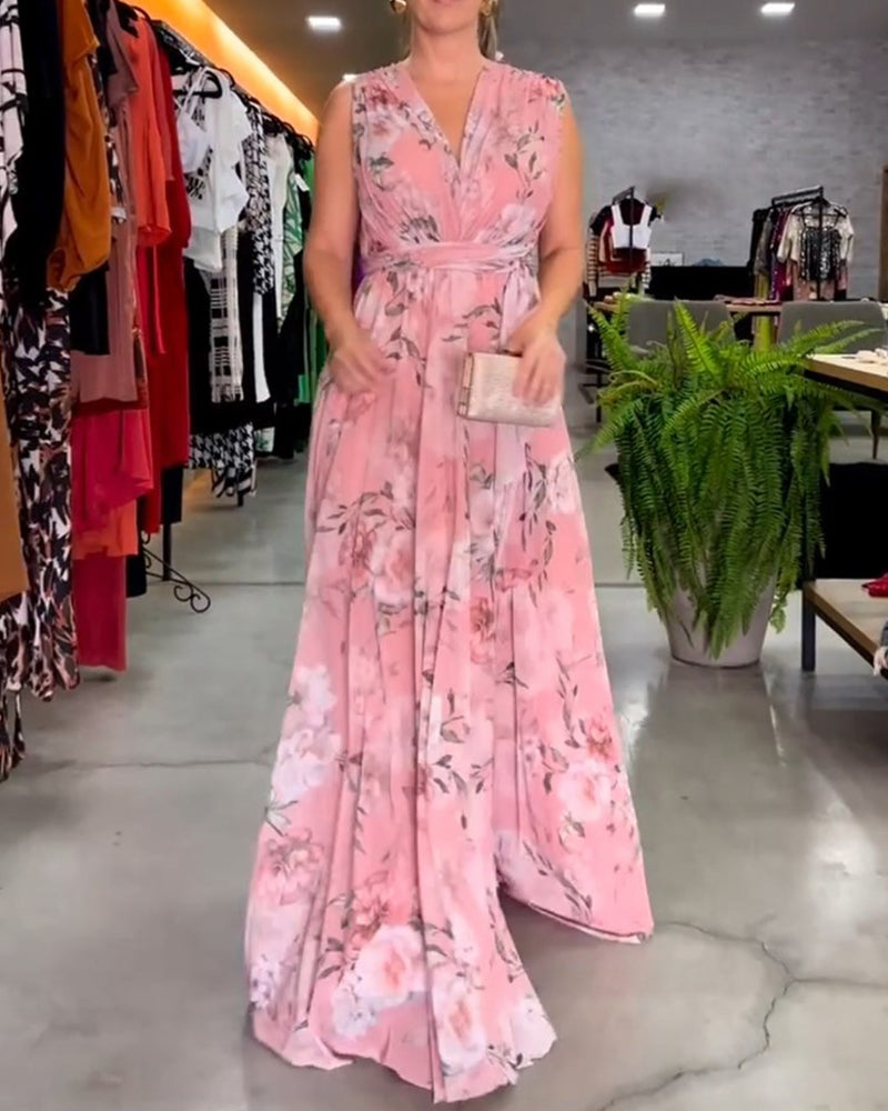Floral Print V Neck Elegant Sleeveless Dress Iktops