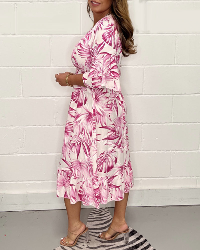 V Neck Leaves Print Dress Iktops