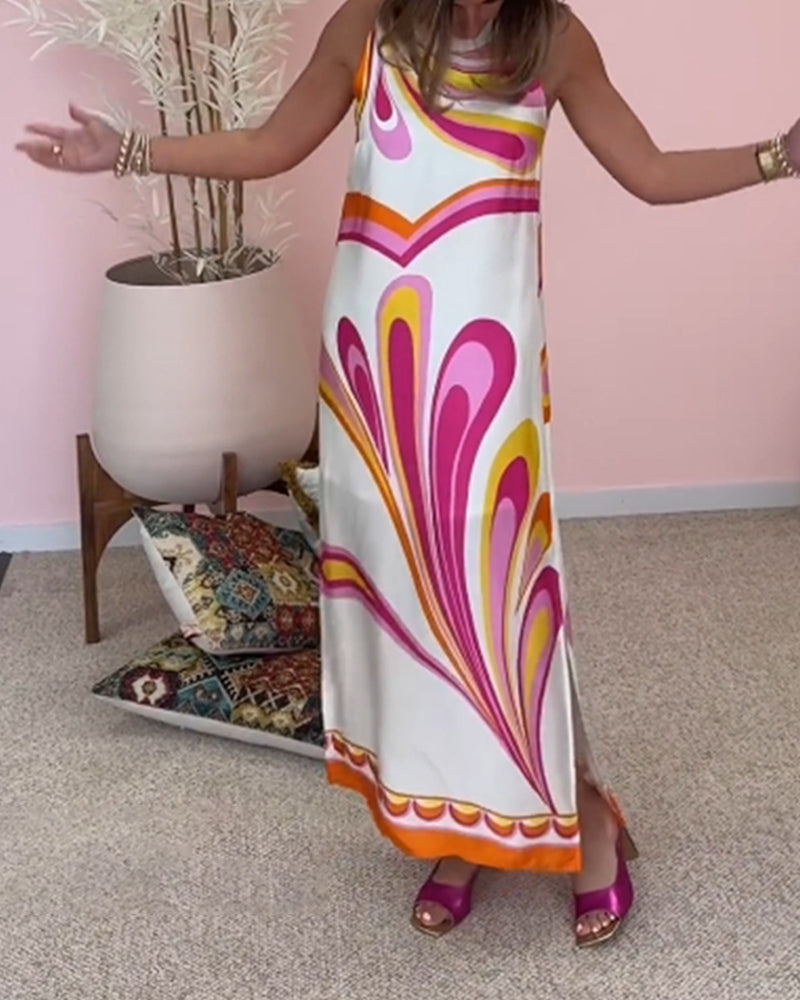 Sleeveless printed slit back cutout dress – iktops