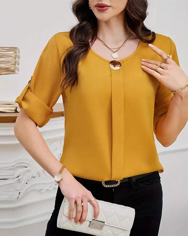Solid Roll Up Sleeve Blouse – iktops